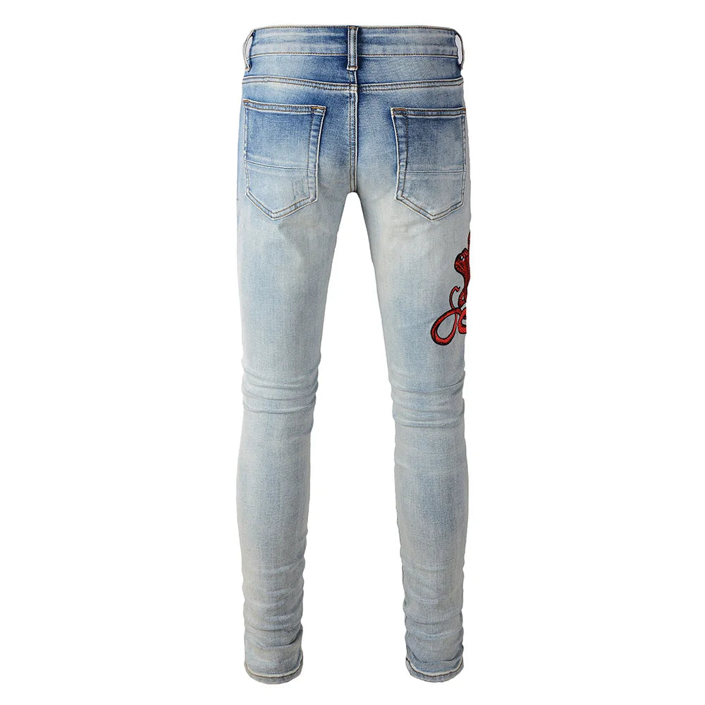 Blue Red Snake Embroidery Jeans – Taelor Boutique